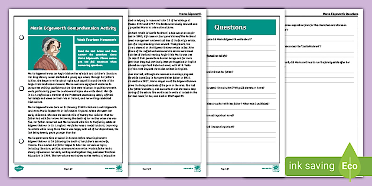 Maria Edgeworth Comprehension Activity Week Fourteen Homework