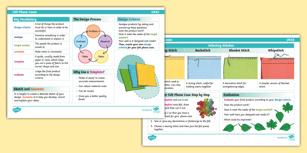 UKS2 DT Knowledge Organiser: Felt Phone Cases (teacher made)