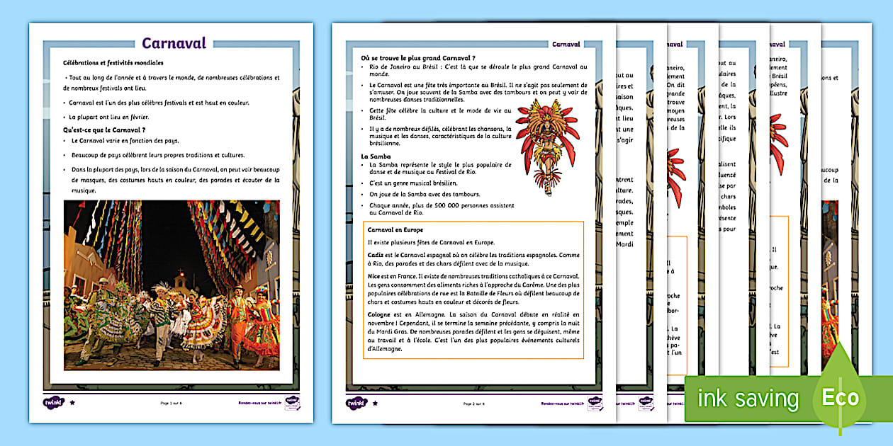 Fiches de lecture sur le carnaval (teacher made) - Twinkl