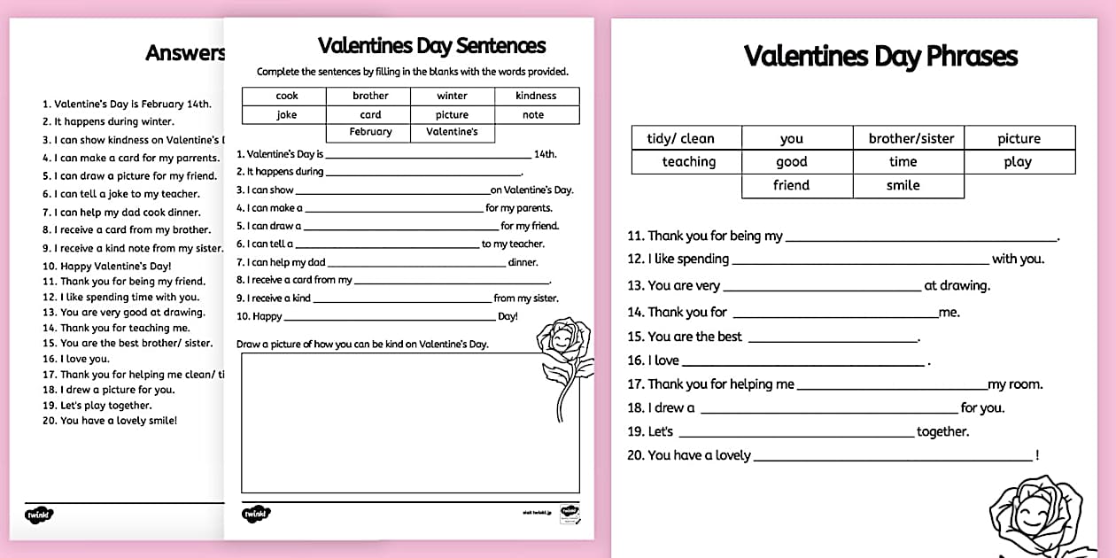 バレンタインデー 英語のフレーズ 穴埋めプリント Valentine's Day English Sentences and Useful ...