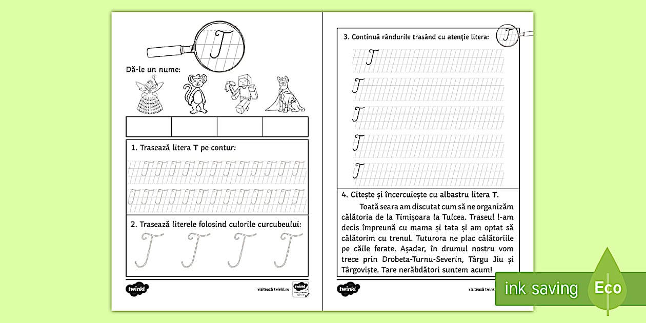 Trasarea literei „T” de mână - Fișă de activitate