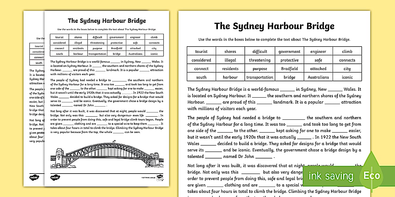 Sydney Harbour Bridge Cloze Worksheet / Worksheet - Twinkl
