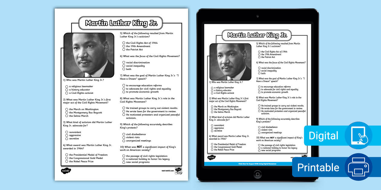 Martin Luther King Jr. Quiz for 6th-8th Grade - Twinkl
