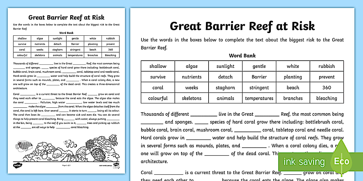 TAS The Great Barrier Reef at Risk Cloze Worksheet - Twinkl
