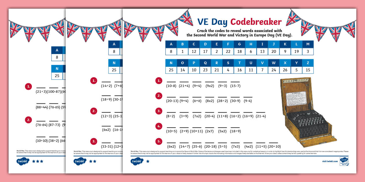 VE Day Differentiated Codebreaker Activity Sheet - Twinkl