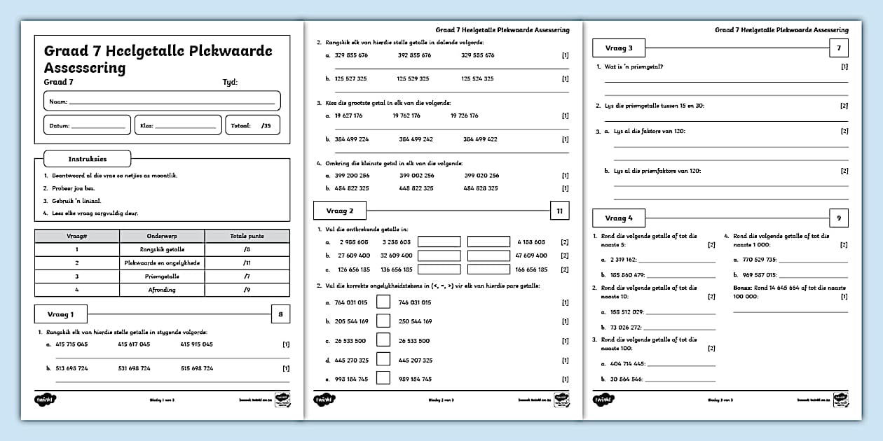 Graad 7 Heelgetalle plekwaarde: Assessering - Twinkl