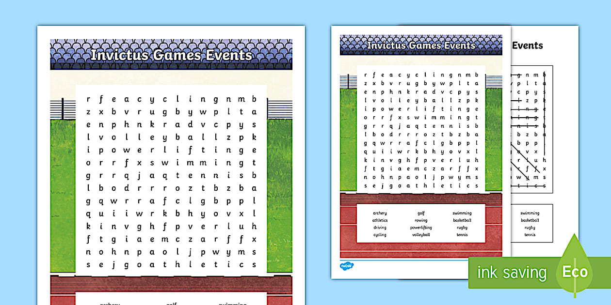 Black and White Invictus Games Events Word Search - Twinkl