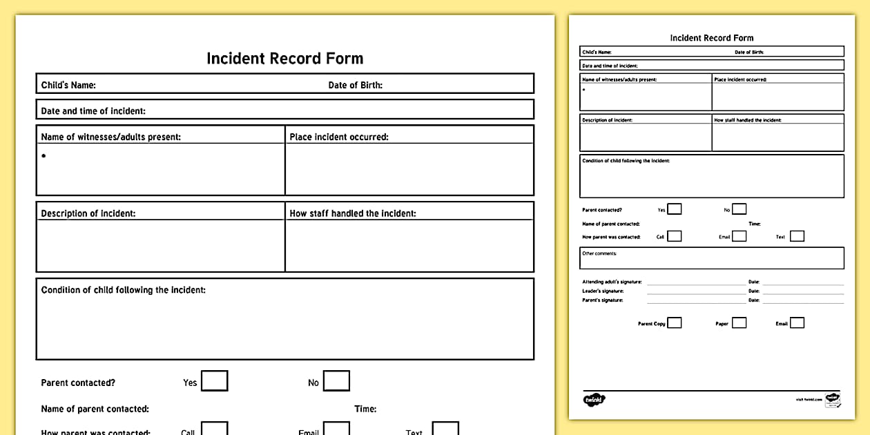 Incidents in an Early Years’ Setting Record Form - Twinkl