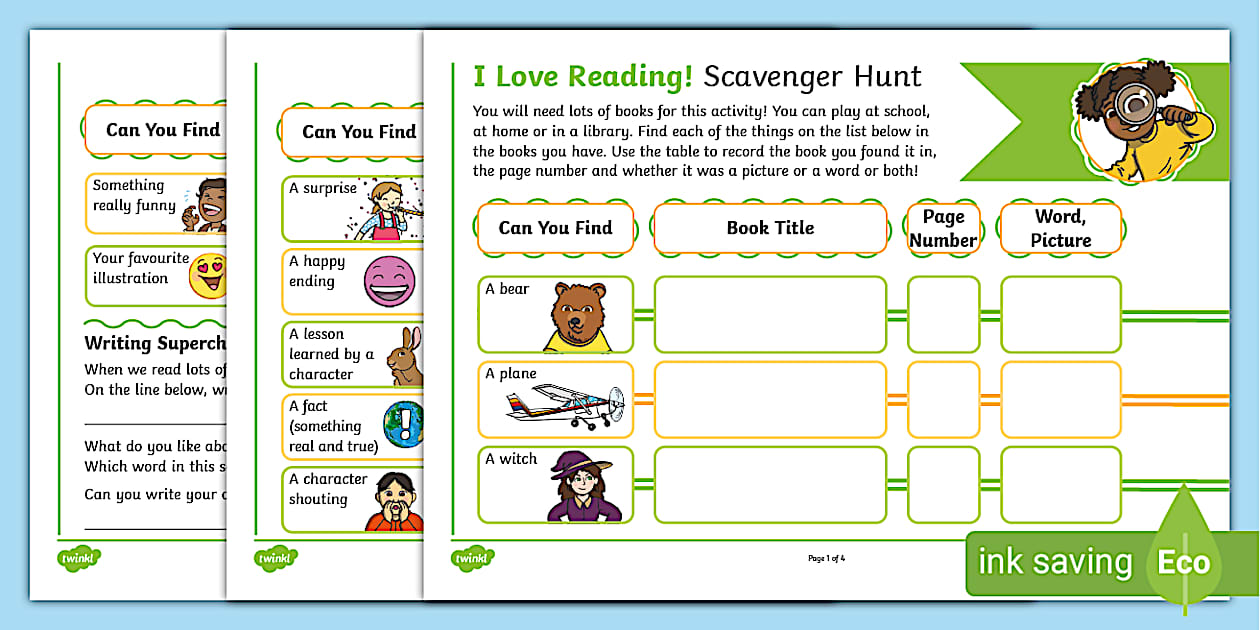I Love Reading! Scavenger Hunt [Ages 5-7] (teacher made)