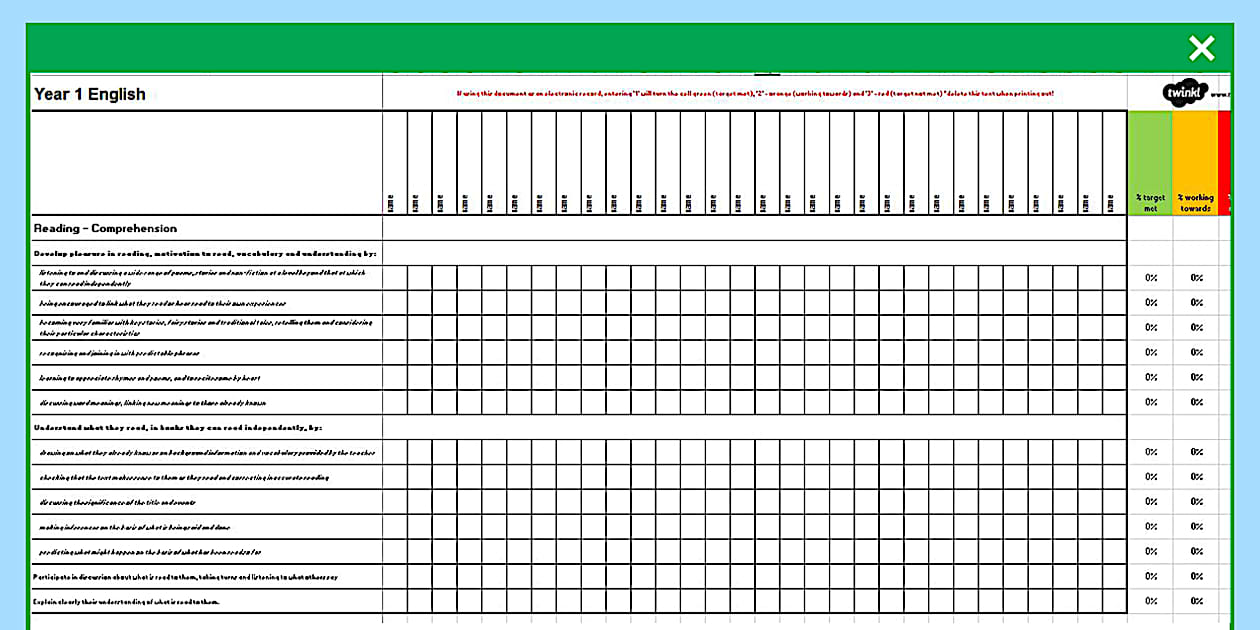 2014 National Curriculum Year 1 English Spreadsheet - class management