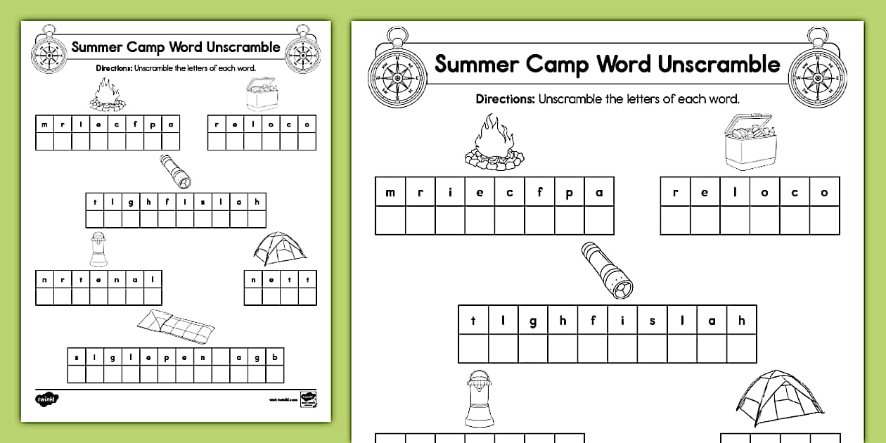 Second Grade Summer Camp Word Unscramble Worksheet - Twinkl