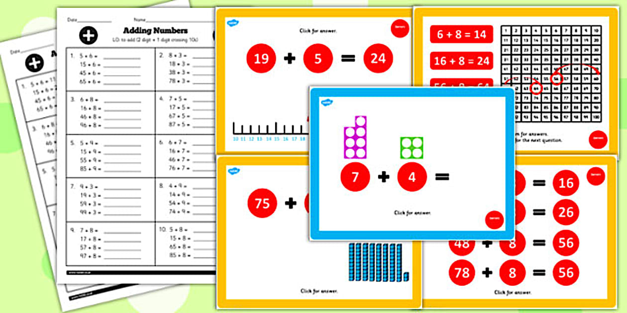 Year 2 Adding 2 Digit Numbers and Ones Crossing 10 Lesson Pack