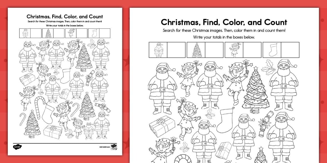 Christmas Find, Count, and Color Activity Worksheet - Twinkl