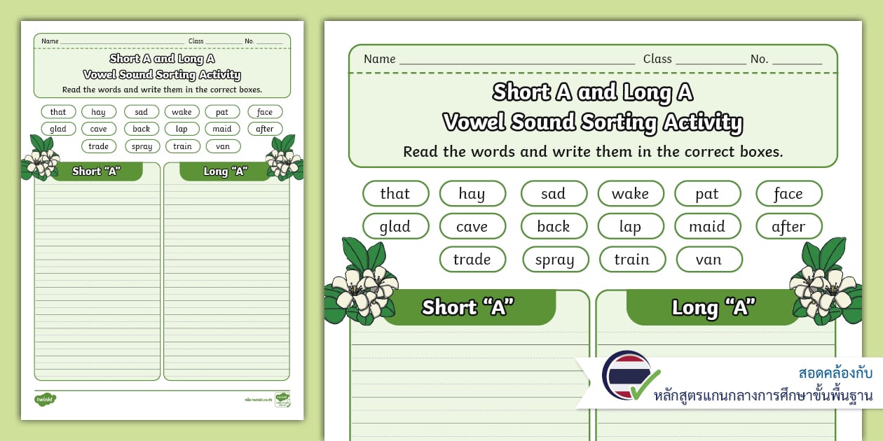 Short A and Long A Vowel Sound Sorting Activity - Twinkl