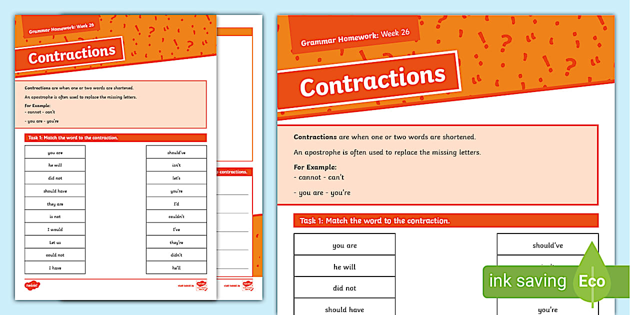 Grammar Homework Week 26 Contractions 3rd/4th Class - Twinkl