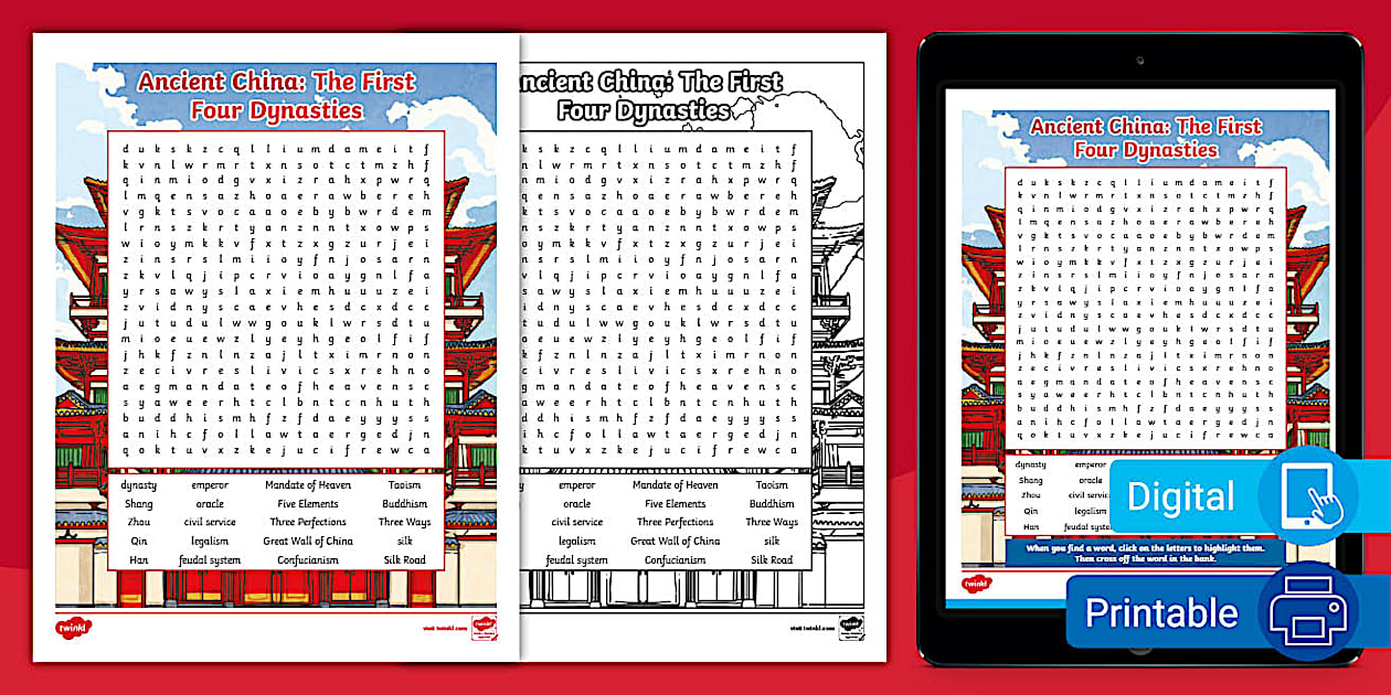 Ancient China: The First Four Dynasties Word Search for 6th-8th Grade