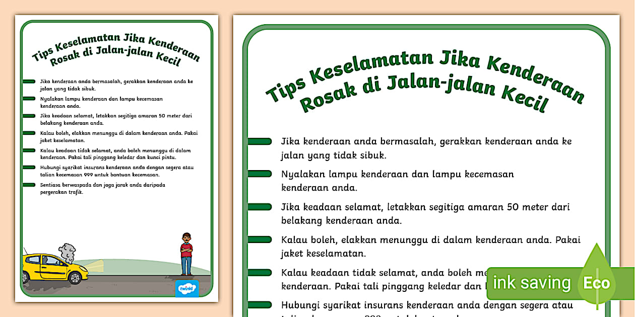 Poster Tips Kenderaan Rosak di Jalan-jalan Kecil - Twinkl