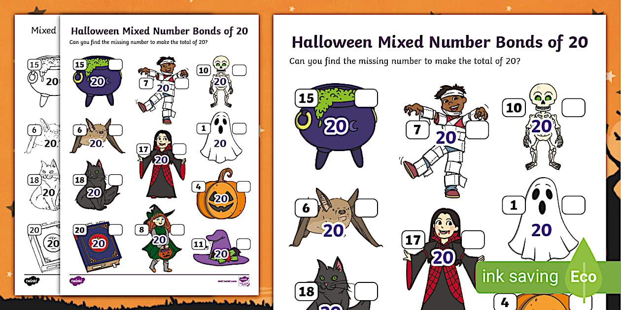 Halloween Themed Mixed Number Bonds to 20 Worksheet / Worksheet