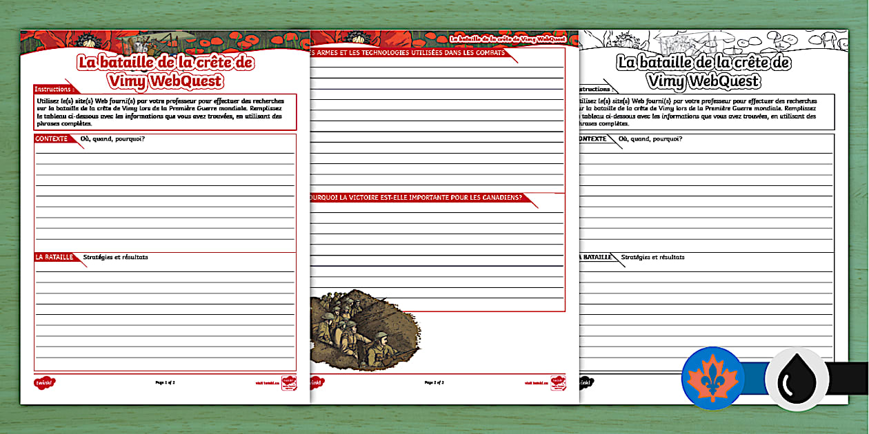 Vimy Ridge WebQuest Activity Grade 5 French (teacher made)