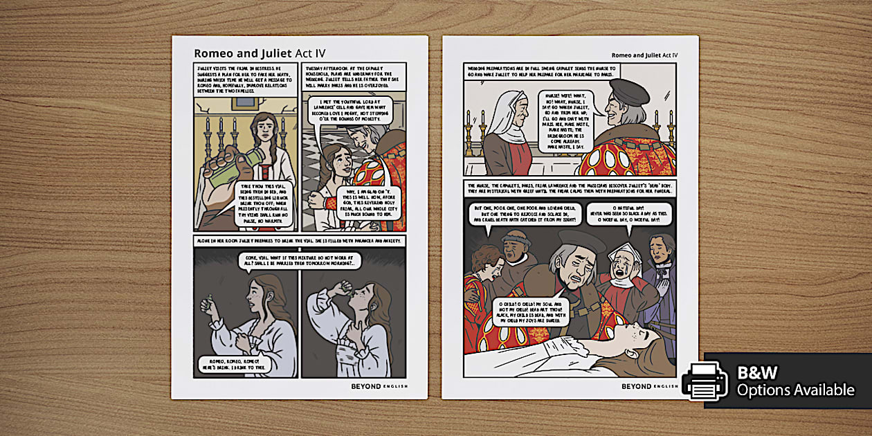 Romeo and Juliet Graphic Plot Comic Strip Act IV - Twinkl