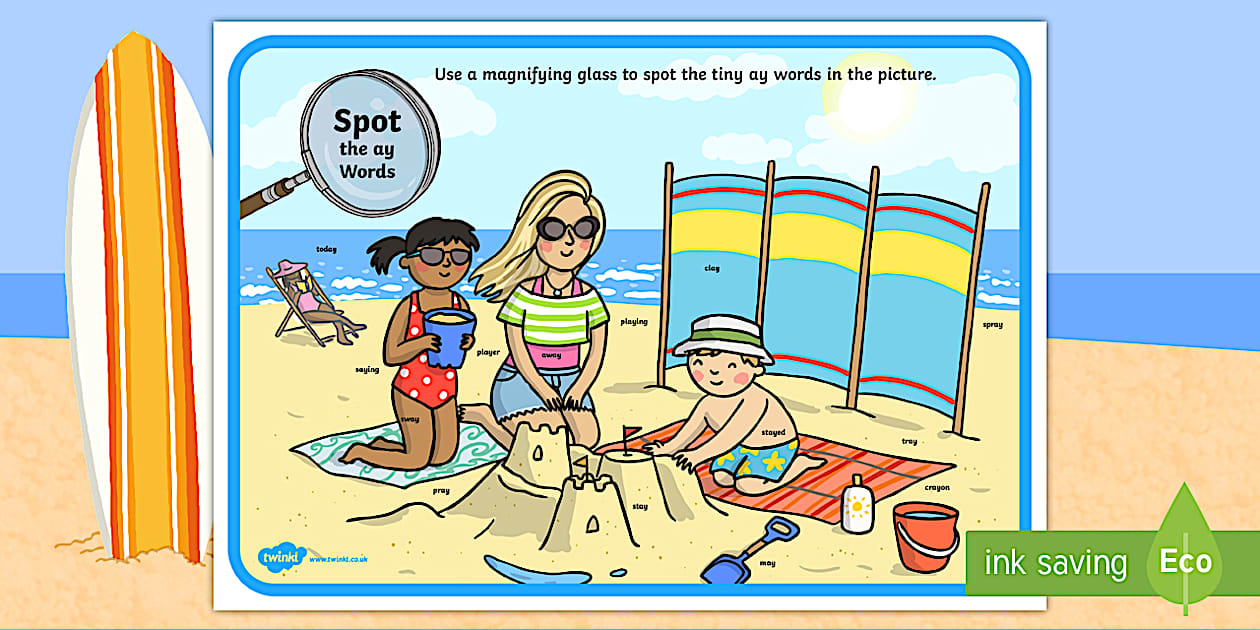 Black and White Phase 5 ay Words Beach Scene Magnifying Glass Worksheet