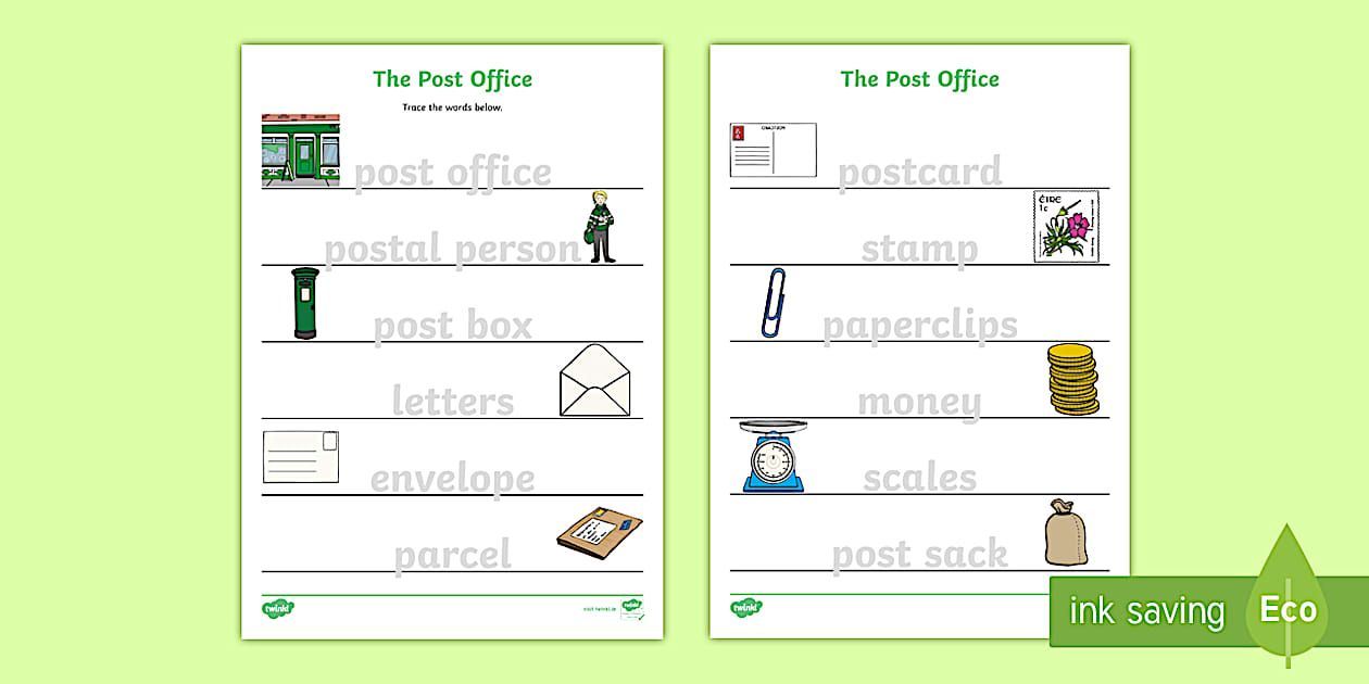 The Post Office Aistear Trace the Words Worksheet - Twinkl