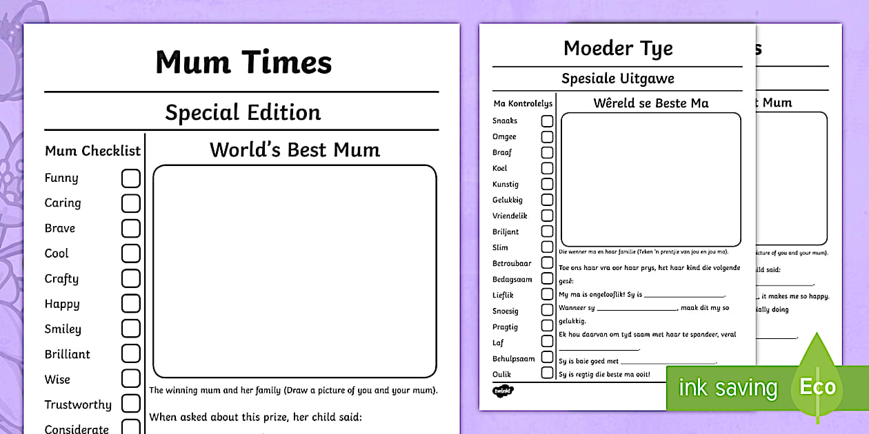 Mother's Day Newspaper Activity English/Afrikaans - Twinkl