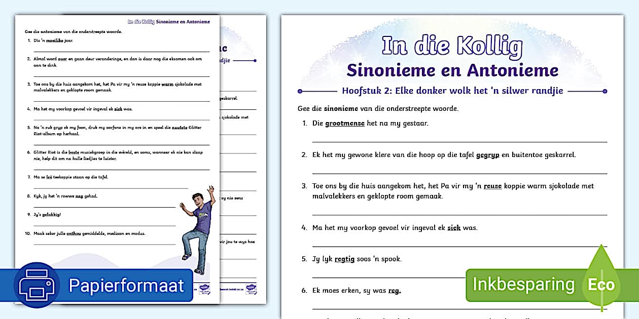In die Kollig Sinonieme en Antonieme Werkkaart - Twinkl