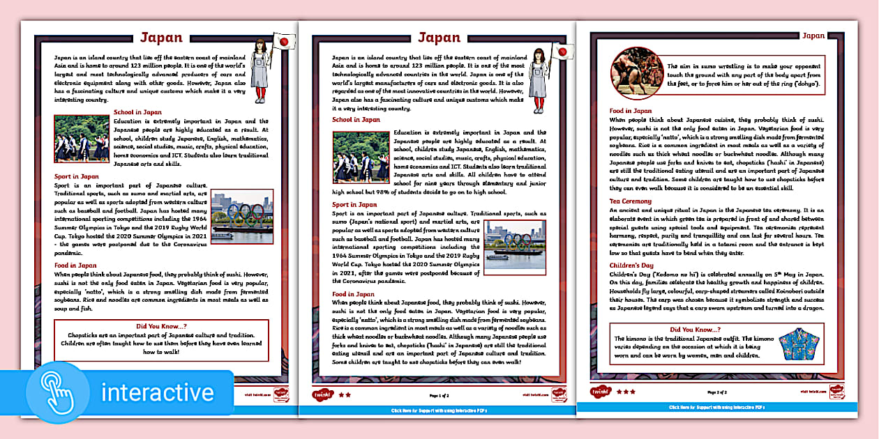 Interactive PDF: Japan Differentiated Reading Comprehension Activity