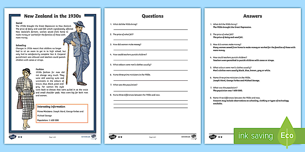 New Zealand in the 30s Differentiated Reading Comprehension Activity