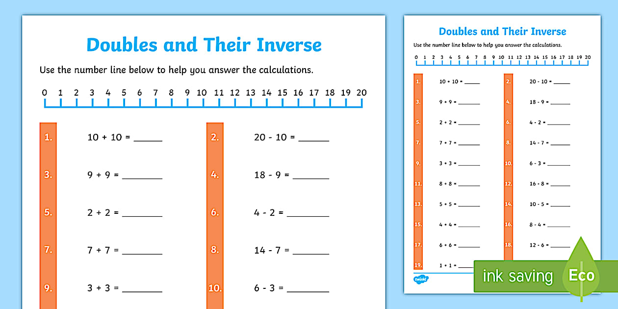 Adding and Subtracting Doubles to 20 Worksheet / Worksheet