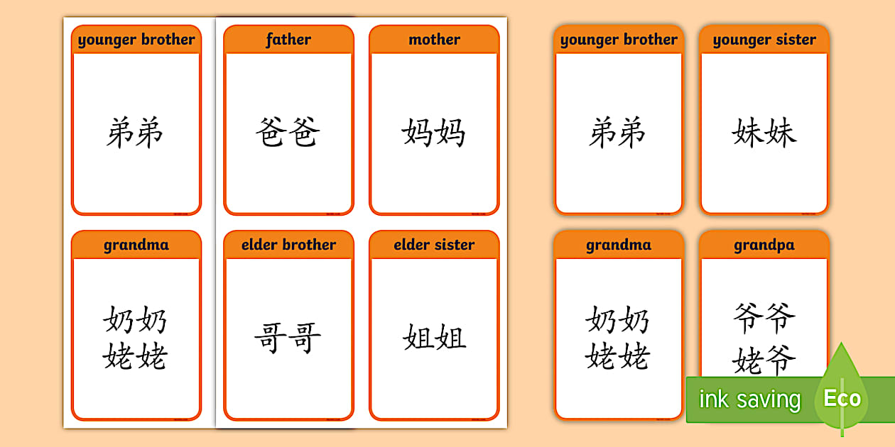 Family Member Words in Mandarin Chinese Flashcards English/Mandarin Chinese