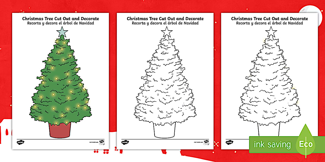 Christmas Tree Shape Cut Out and Decorate Activity English/Spanish