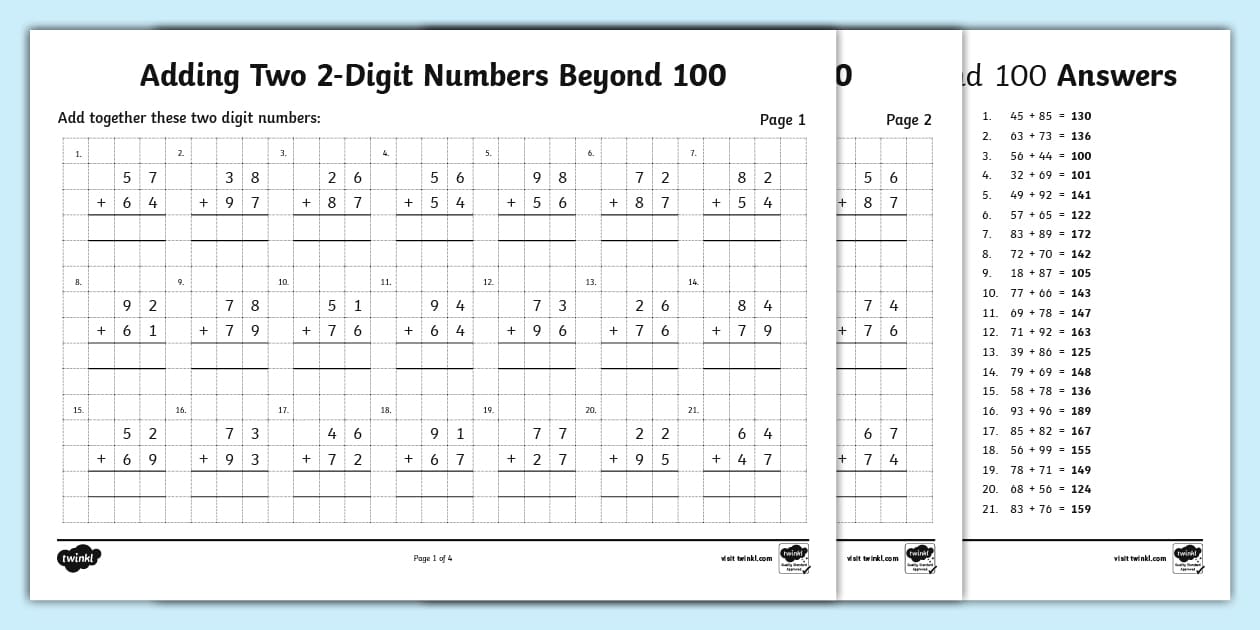 Adding Two 2 Digit Numbers Beyond 100 on Squared Paper Worksheet
