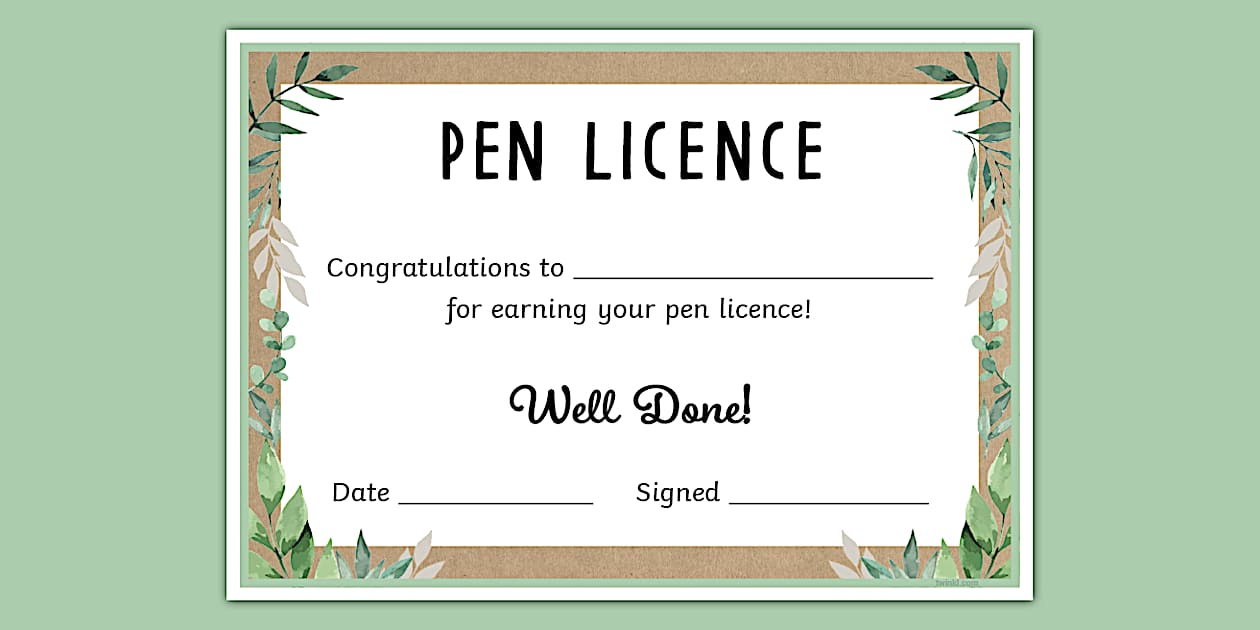 👉 Botanical Themed Pen Licence Certificate - - Twinkl