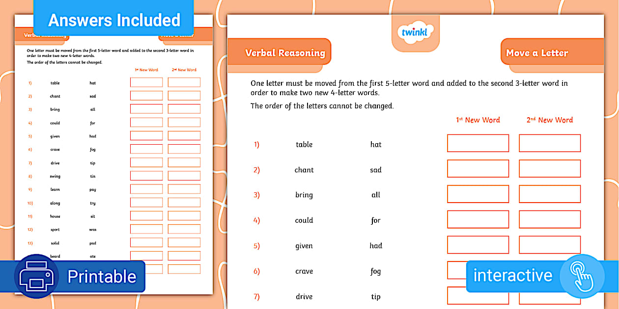 Verbal Reasoning - Move a Letter - Twinkl Puzzled - Twinkl