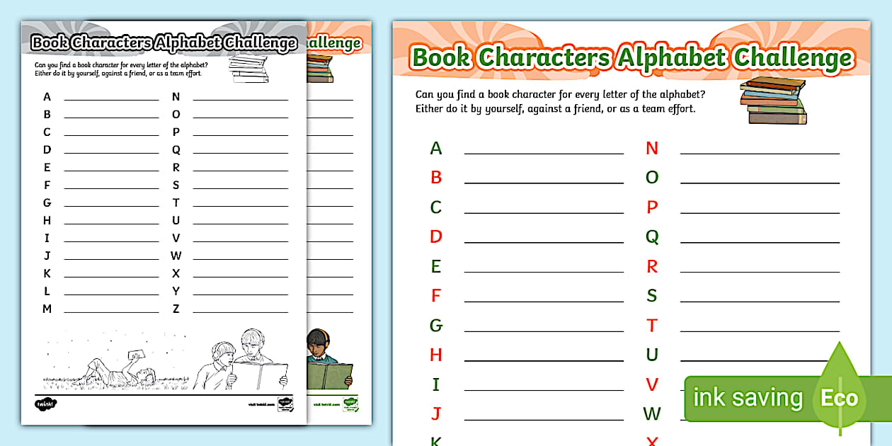 Book Characters Alphabet Challenge Worksheet - Twinkl