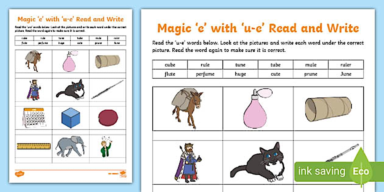 Cursive Magic e with 'u-e' Read and Write Worksheet