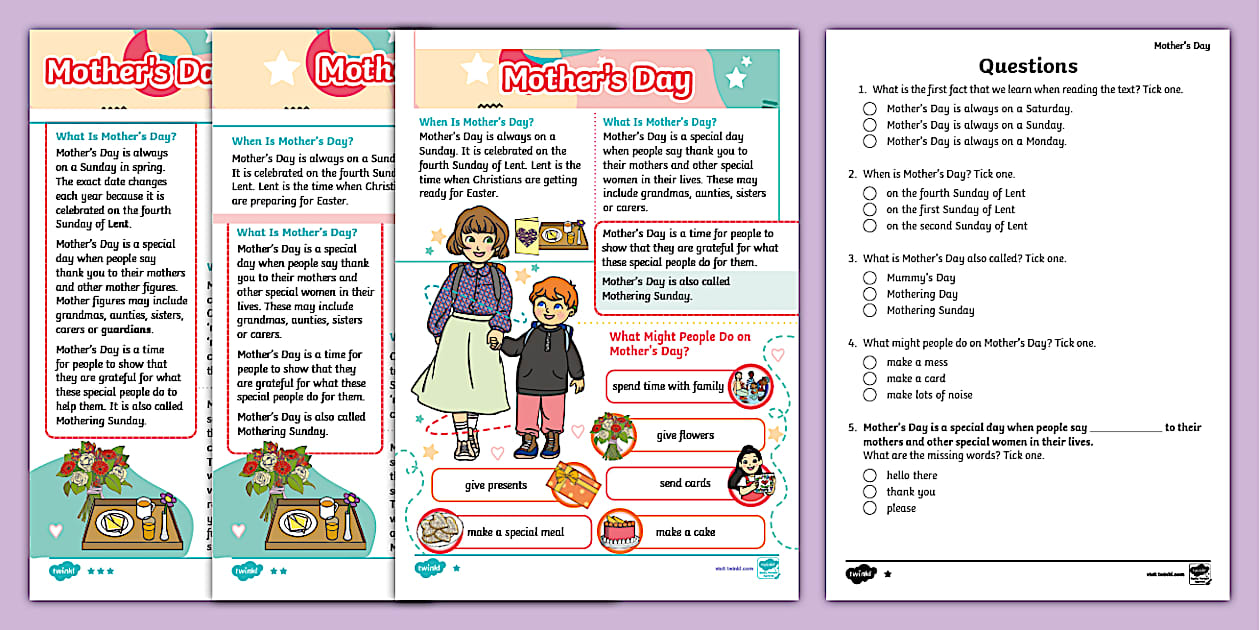 KS1 Mother's Day Differentiated Reading Comprehension Activity