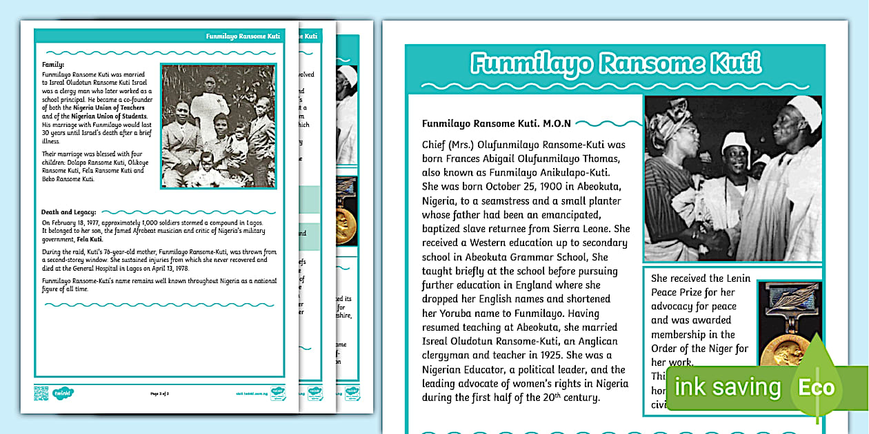 Funmilayo Ransome Kuti Fact File (teacher made) - Twinkl
