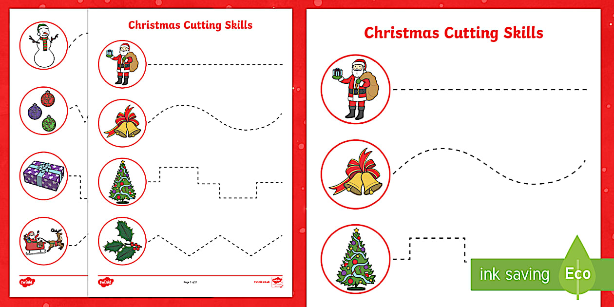 Christmas Scissor Cutting Skills Activity Sheets - Twinkl