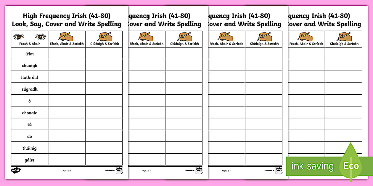 High Frequency Irish Words (41-80) Look, Say, Cover and Write Spelling