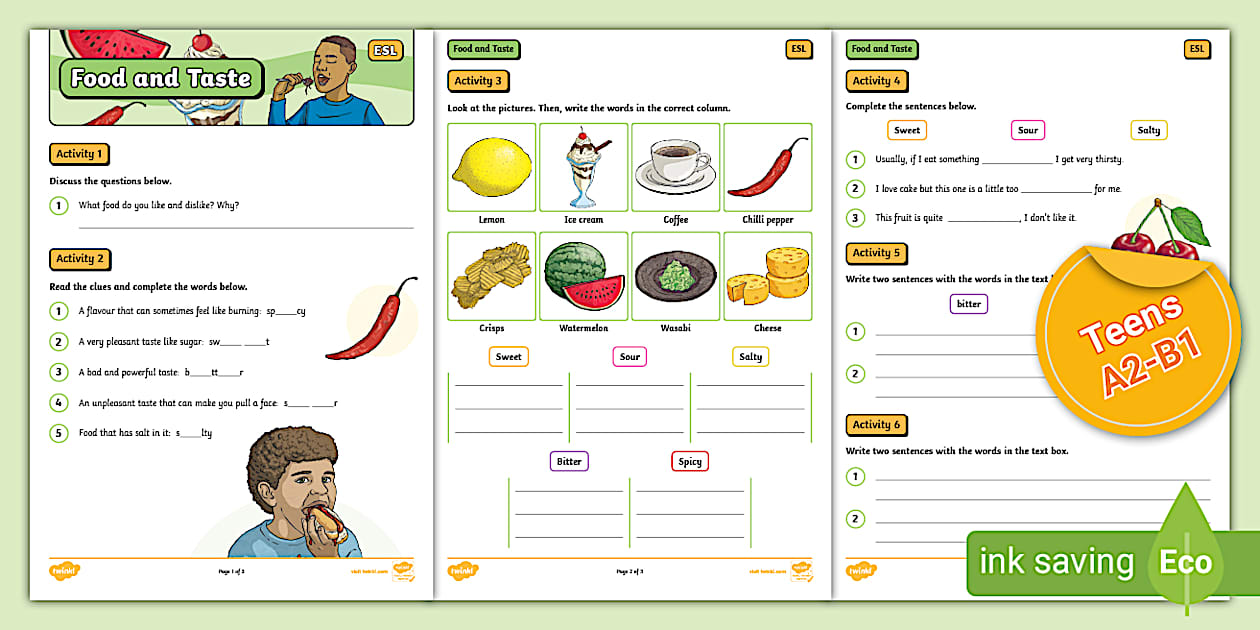 ESL Food and Taste Activity Sheet [Teens, A2-B1] - Twinkl