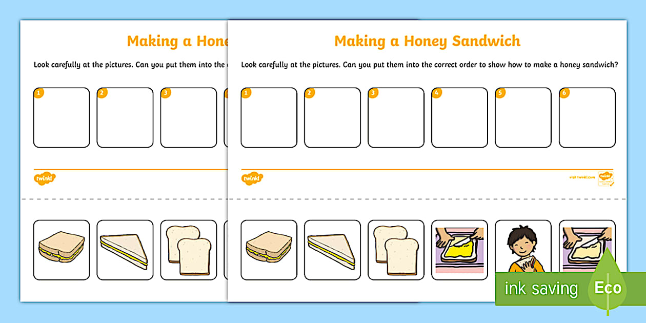 Black and White Honey Sandwich Sequencing Worksheet - Twinkl