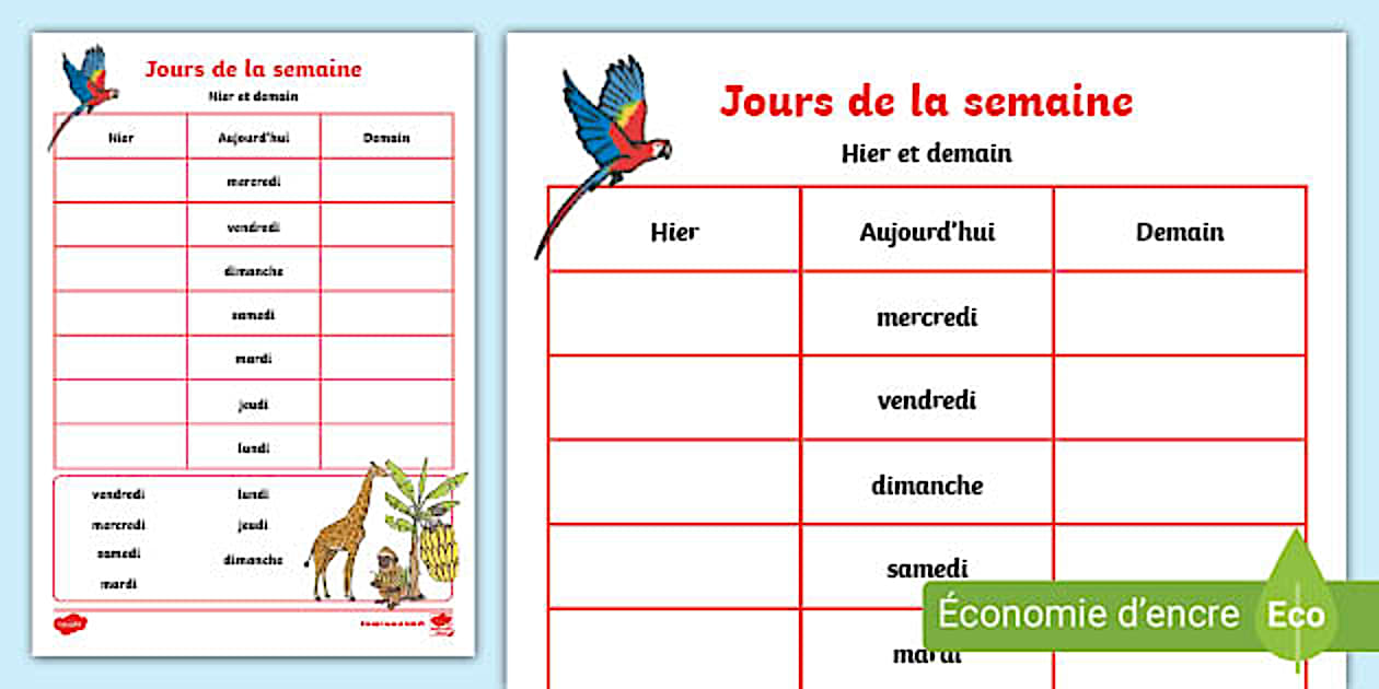 Fiche d'activités sur les jours de la semaine : hier et aujourd'hui