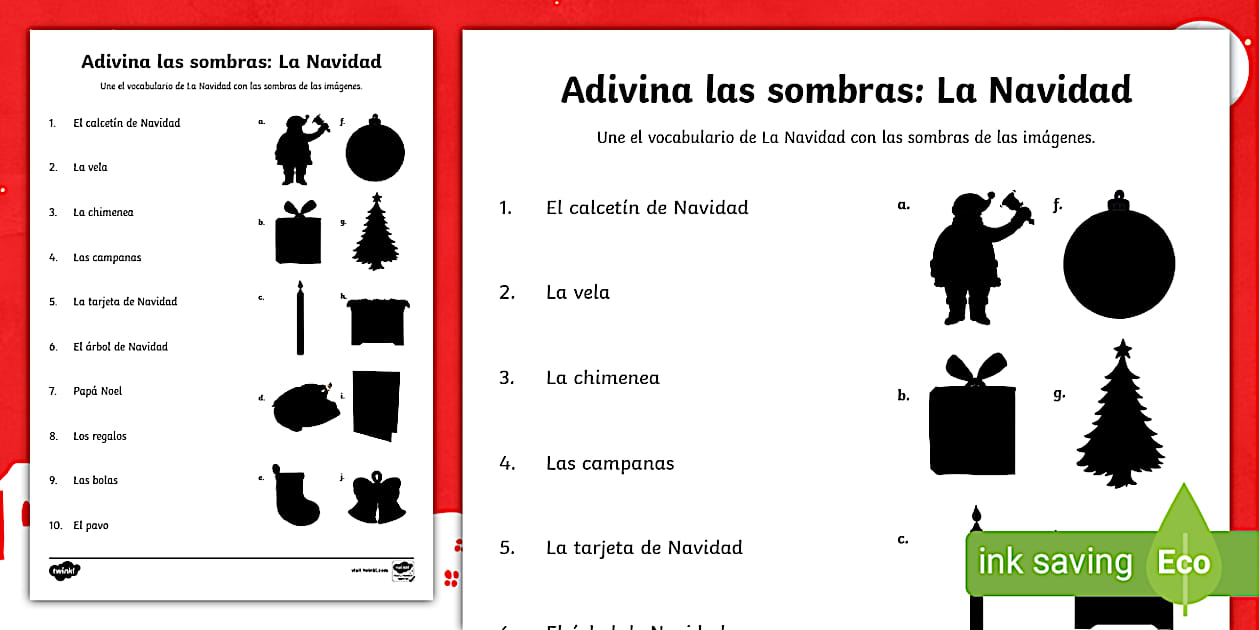 Christmas Vocabulary Shadows Worksheet Spanish - Twinkl