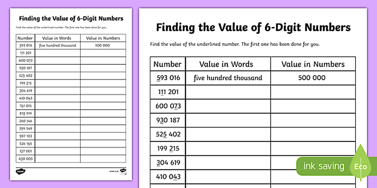 Place Value Finding the Value of 6-Digit Numbers Worksheet