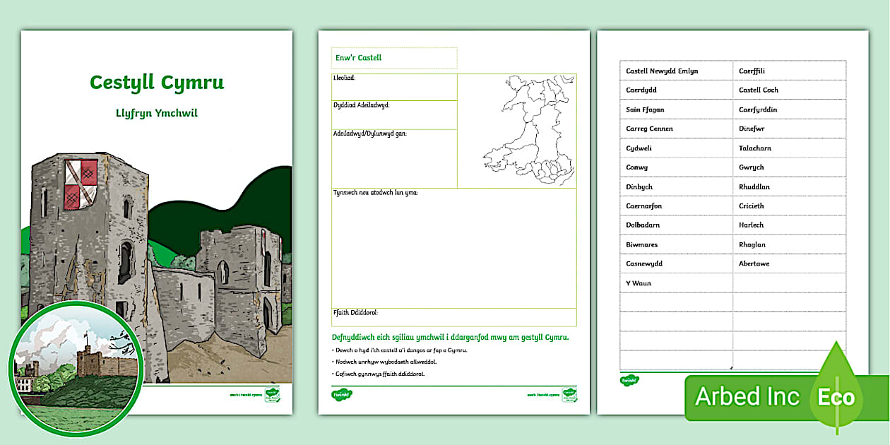 Llyfryn castell Cymraeg er mwyn ymchwilio cestyll Cymru