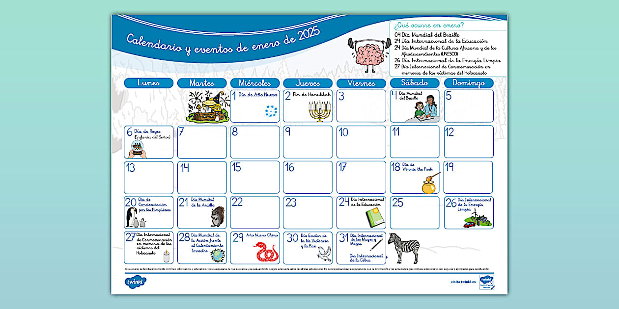 Calendario de enero de 2025 para imprimir (España) - Twinkl