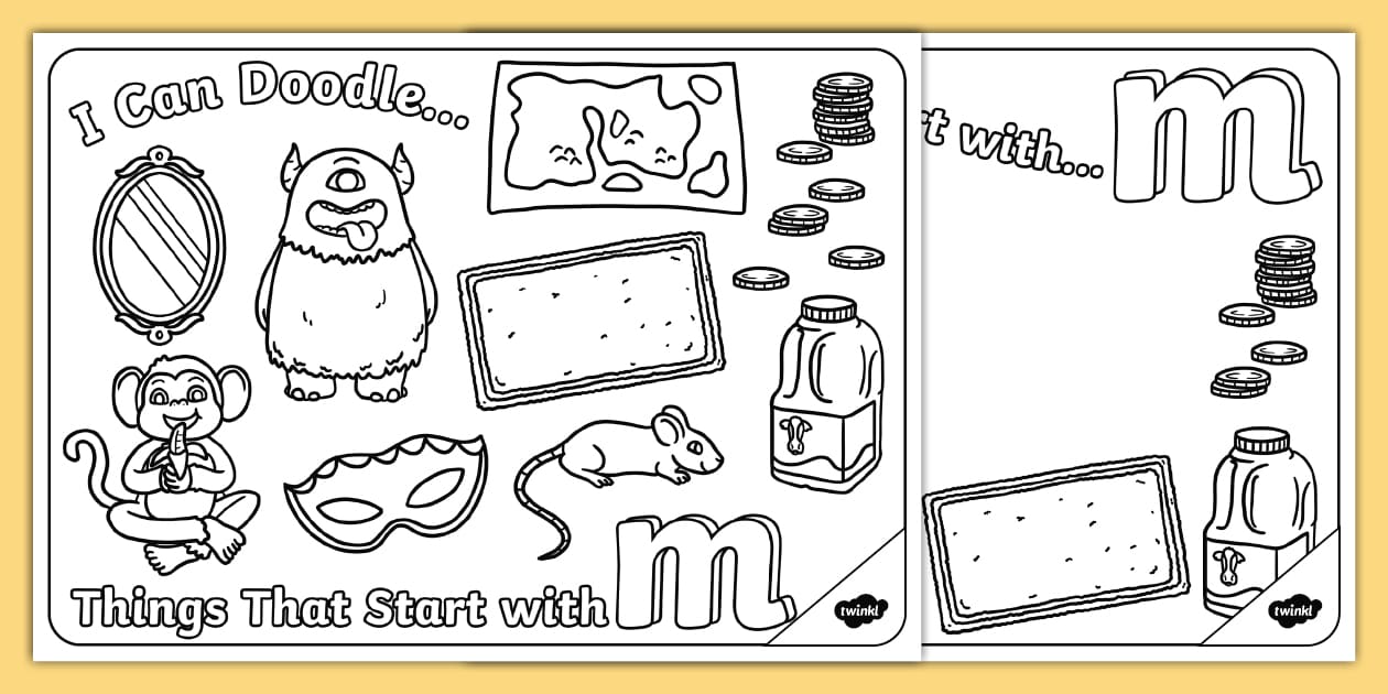 I Can Doodle Things That Start with 'm' Colouring Pages